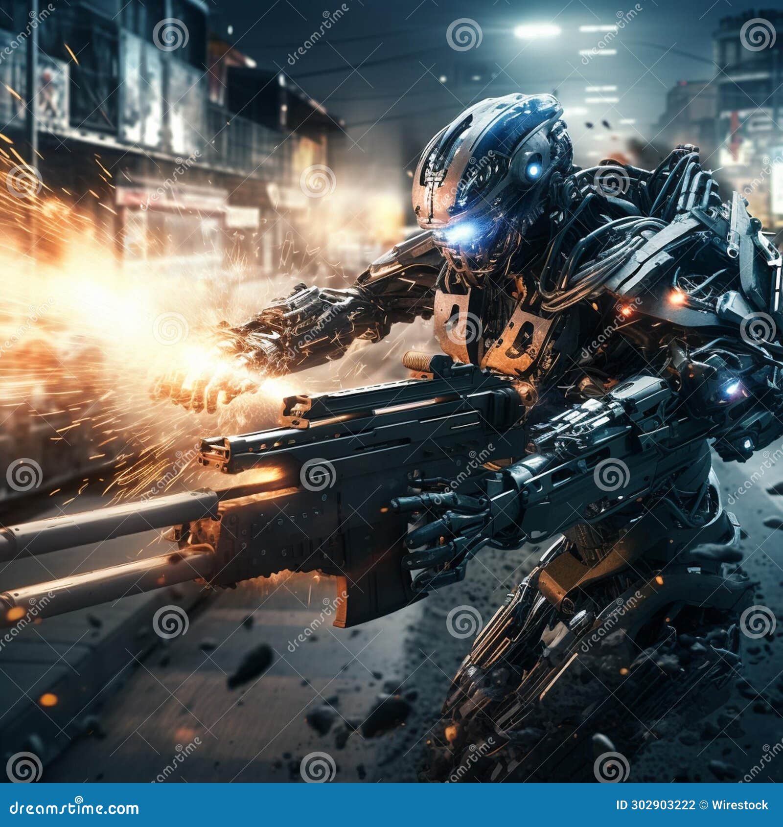 Robot in Full Armor and Weaponry Wielding a Gun and Surrounded by ...