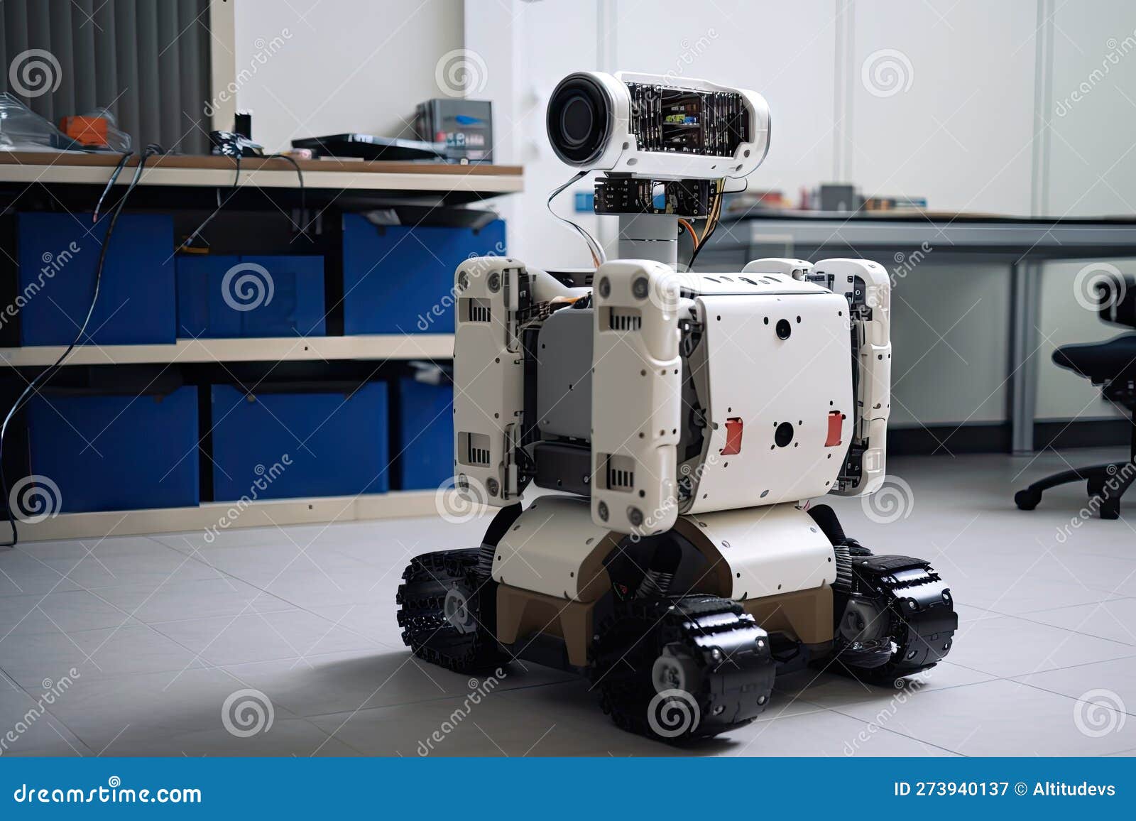 Robot, Fully Equipped with Sensors and Devices, Ready for a Task in the ... Robot, Fully Equipped with Sensors and Devices, Ready for a Task in the ...