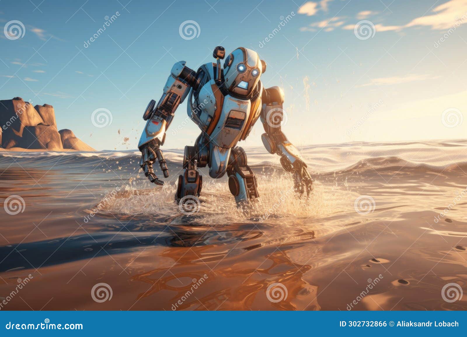 A ROBOT from the Future Walks on Water. Robotization Stock Illustration ...