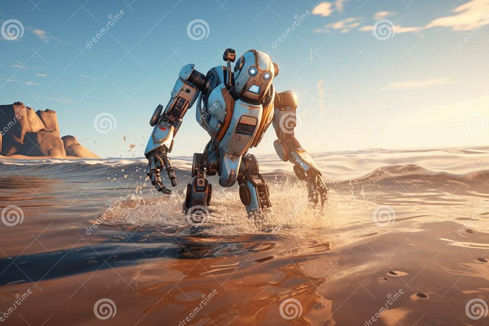 A ROBOT from the Future Walks on Water. Robotization Stock Illustration ...