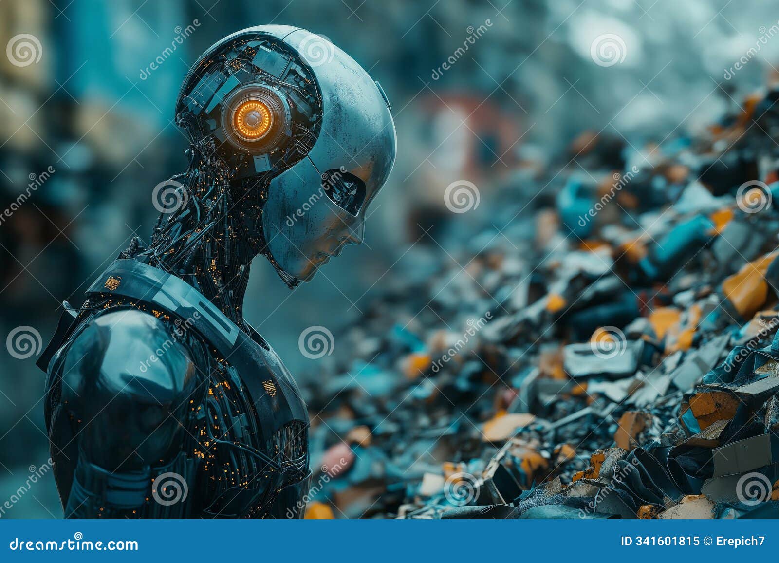 Robot in a Garbage Dump with Trash. Concept of Environmental Pollution ...