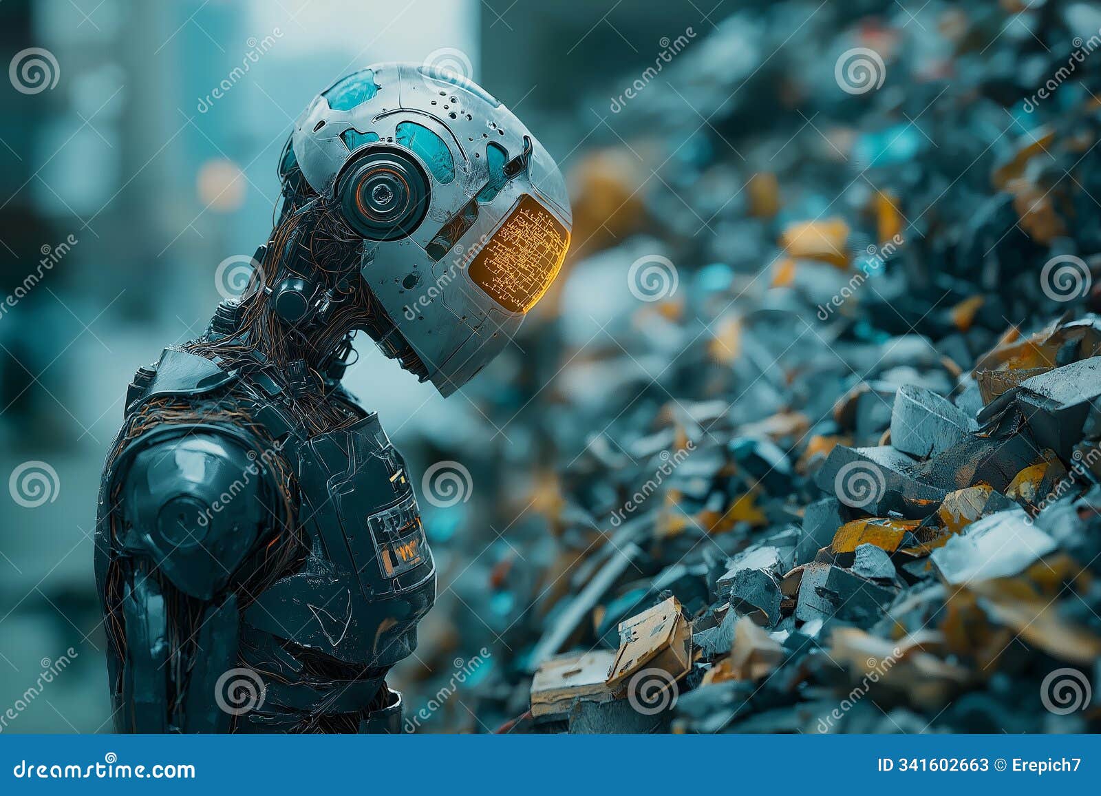 Robot in a Garbage Dump with Trash. Concept of Environmental Pollution ...