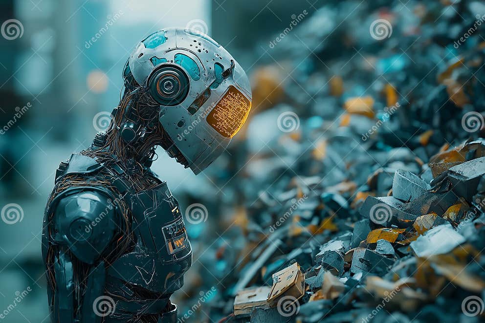 Robot in a Garbage Dump with Trash. Concept of Environmental Pollution ...