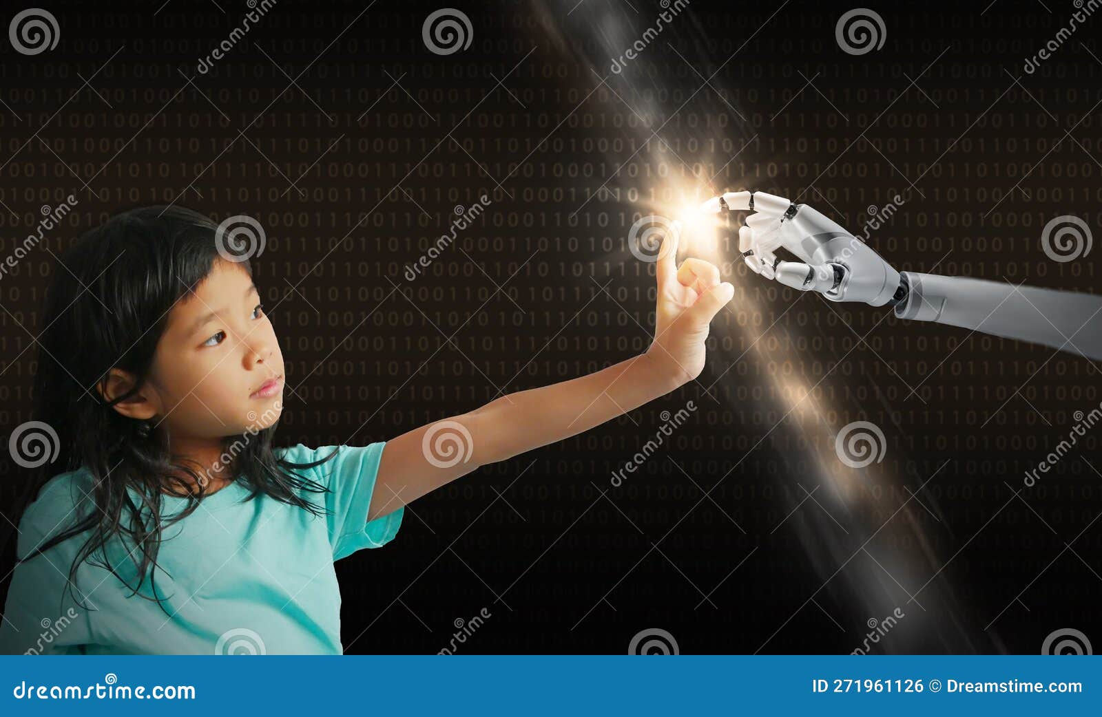 A Robot and a Girl S Hands Touch and Connect on Binary Code Background. Smart AI, Machine ...