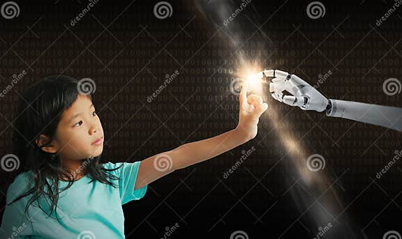 A Robot and a Girl S Hands Touch and Connect on Binary Code Background. Smart AI, Machine ...