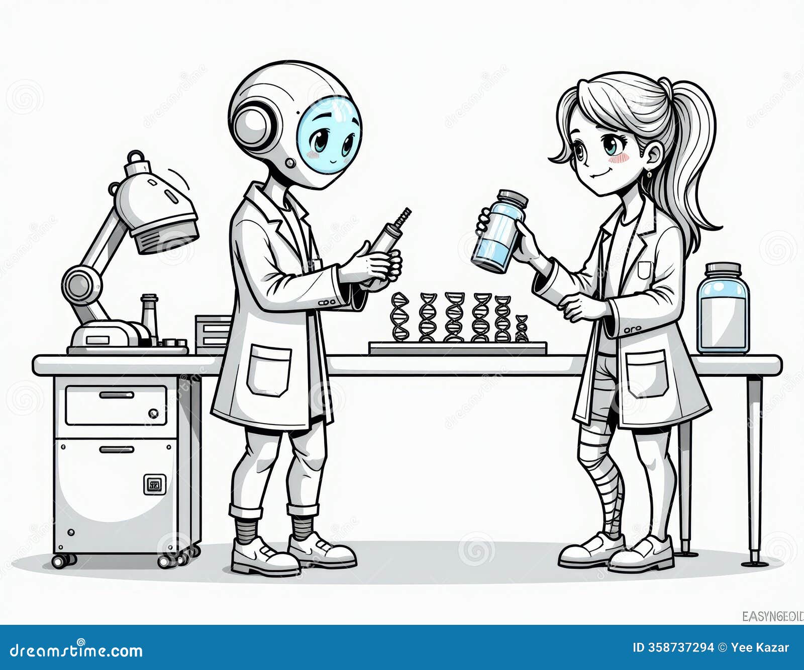 Robot and Girl Scientists Working in a Lab - Genetic Engineering ...