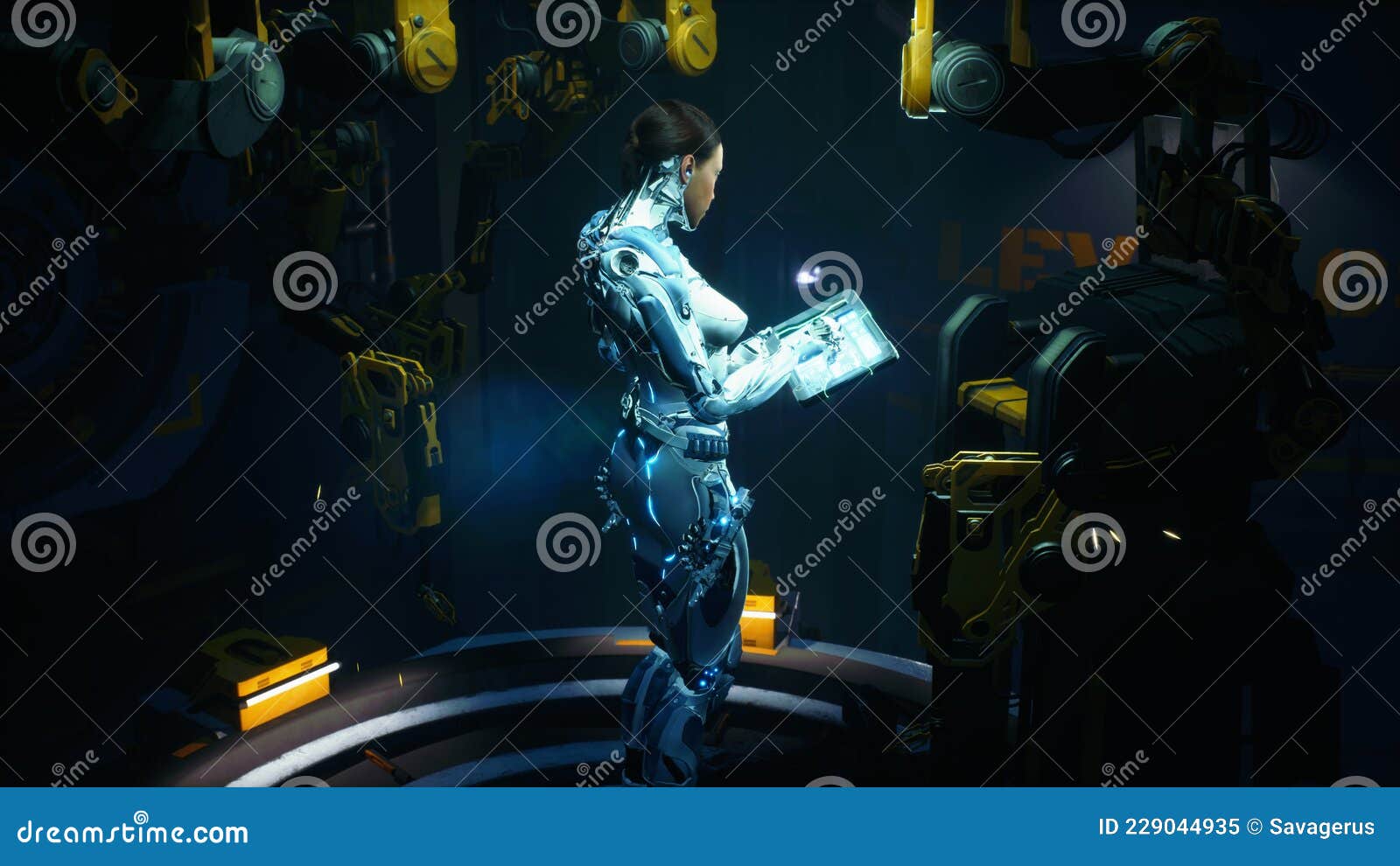 Robot Girl Works with a Computer Tablet in Her Laboratory. the Woman ...