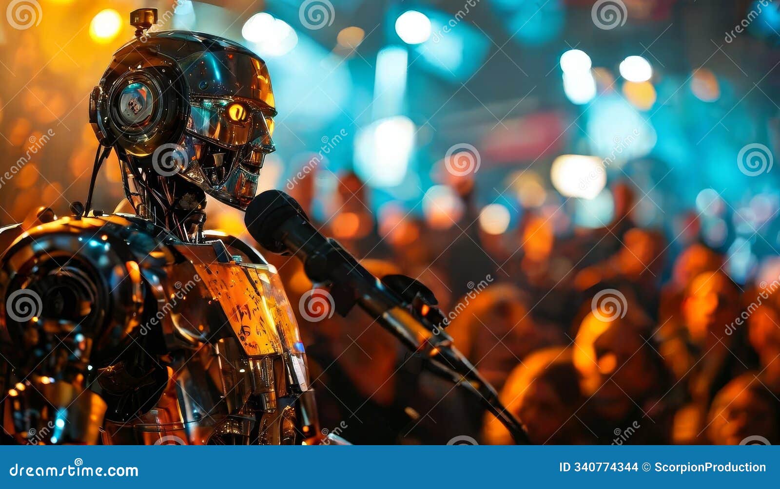 Robot Giving a Speech in Front of a Crowd Under Dramatic Lighting Stock ...