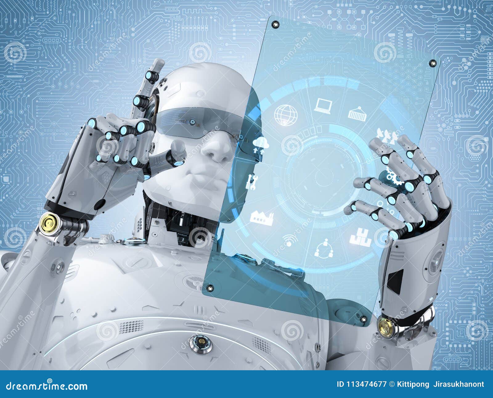 Robot with glass tablet stock illustration. Illustration of android ...