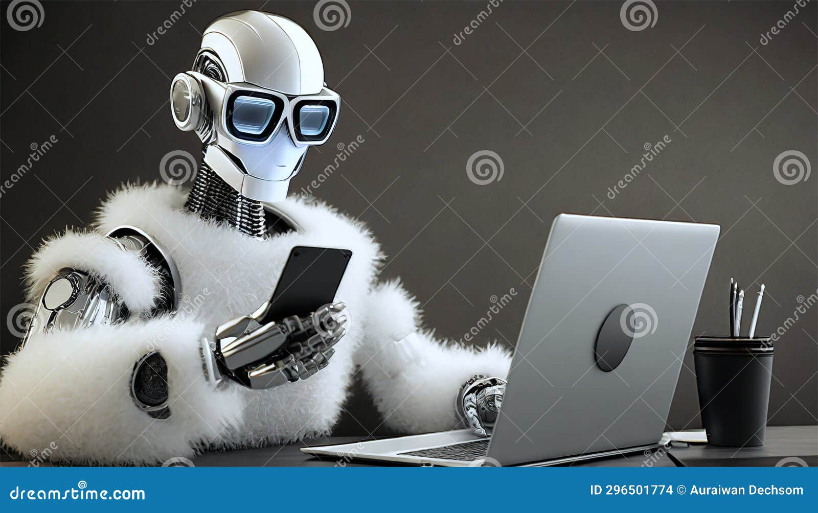 Robot with Glasses Sitting at the Table and Working with Laptop.AI ...