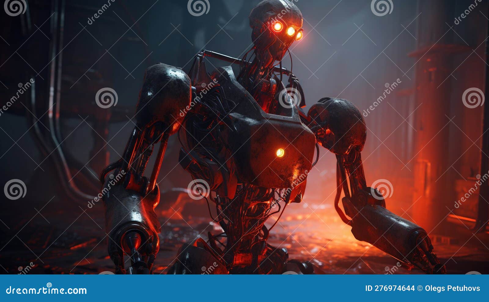 A Robot with Glowing Eyes Standing in a Dark Room with a Red Light ...