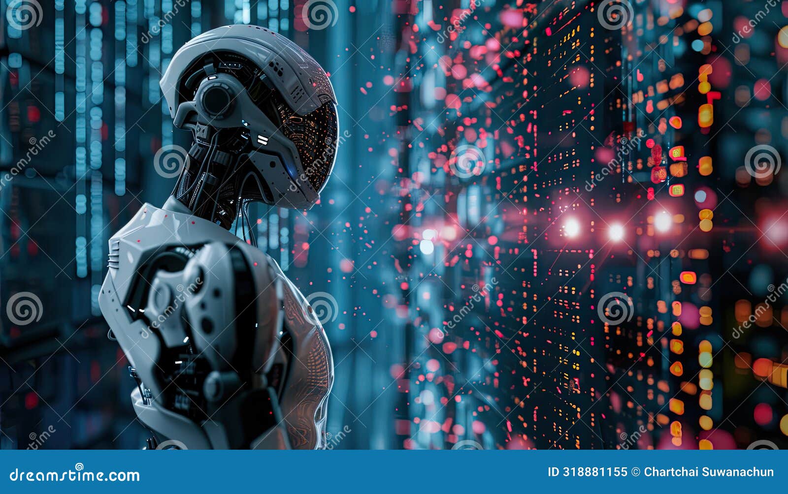 A Robot with a Glowing Red Face Stands in Front of a Blurry Background ...