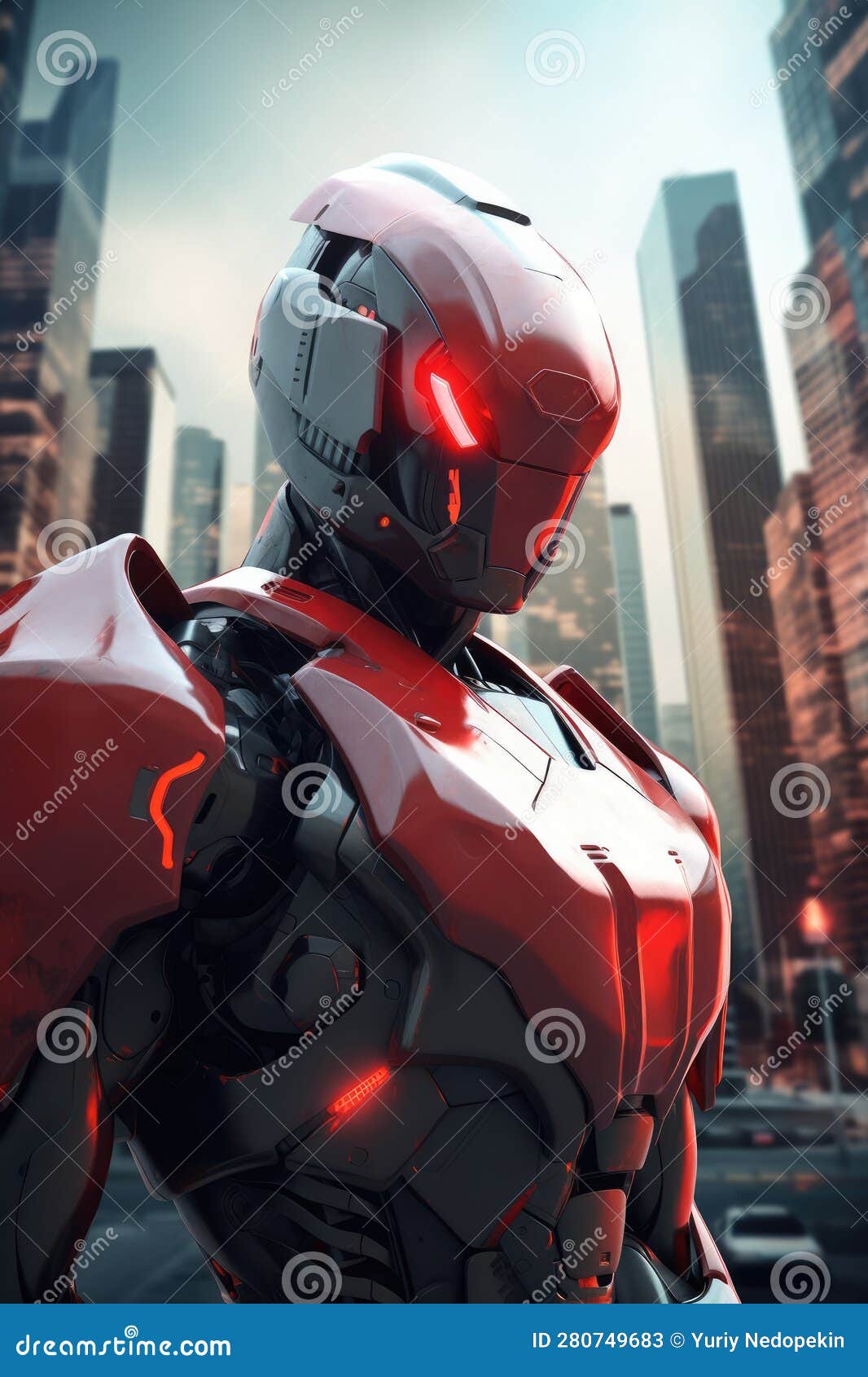 Robot with a Glowing Red Visor in Cityscape, Generative AI Stock ...