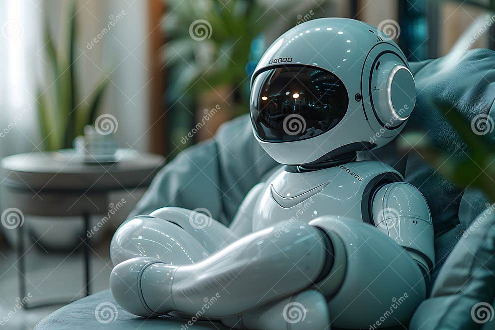 Grey Robot in Modern Tech-Filled Parlor Stock Illustration ...