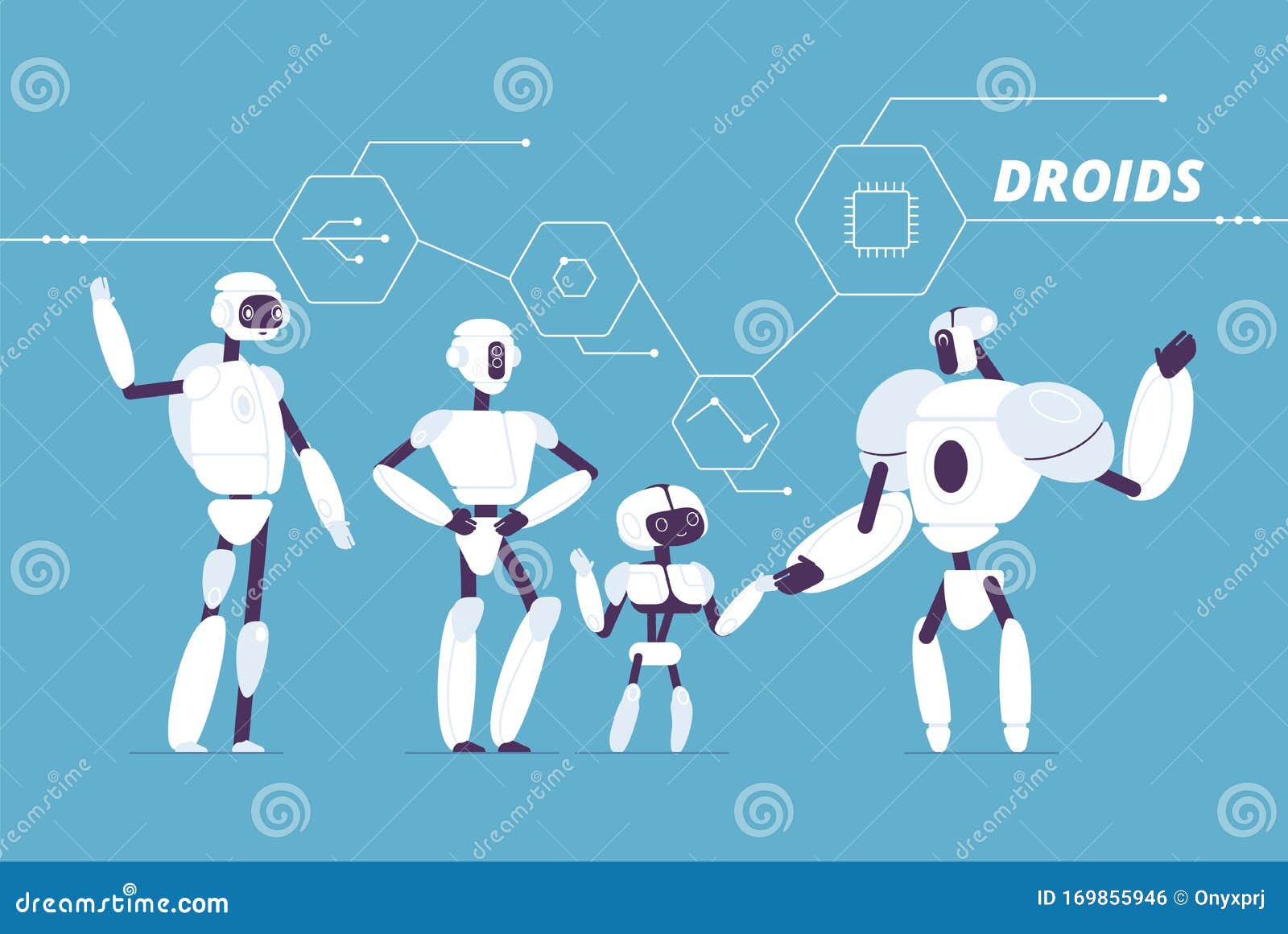 Robot Group. Various Androids Models Standing Together Crowd of ...