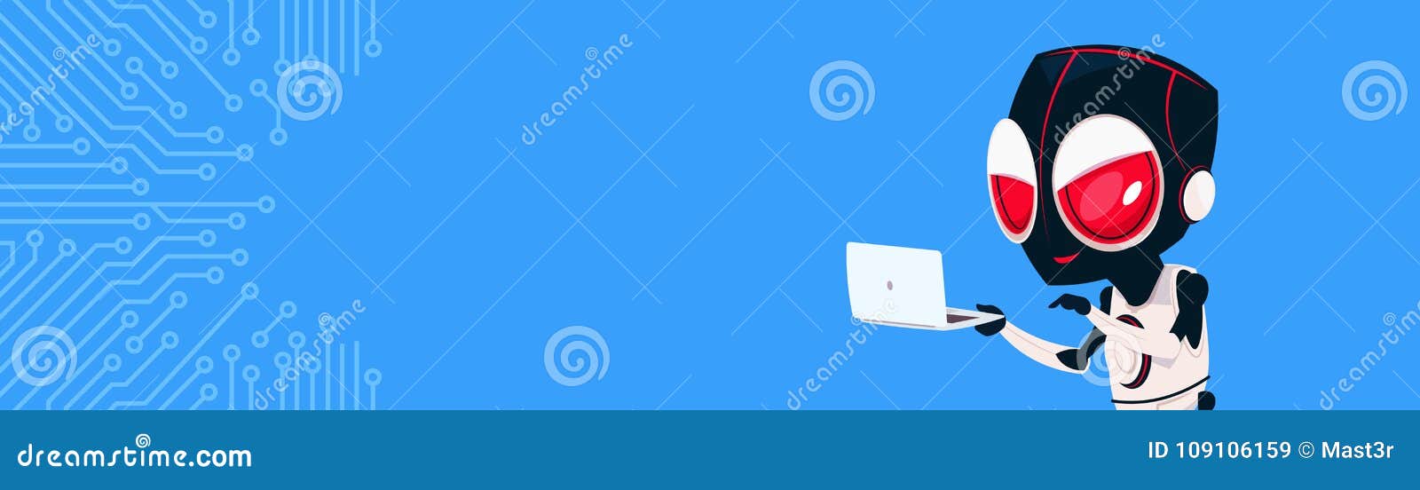 Robot Hacker With Laptop Computer Over Circuit Background Horizontal Bannner With Copy Space ...