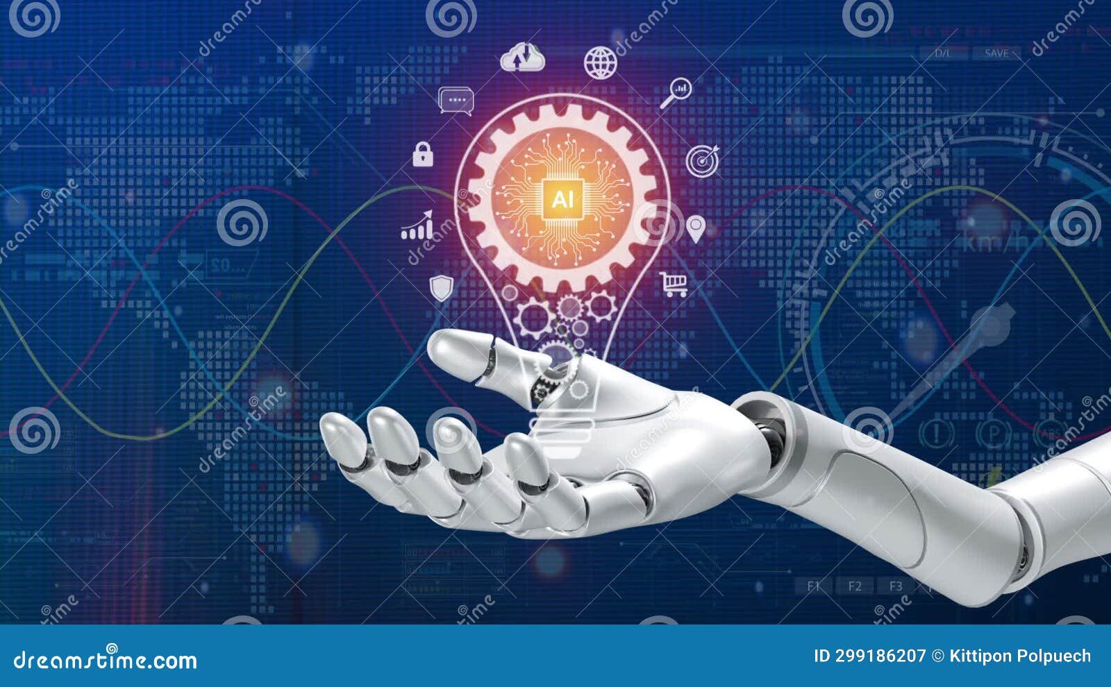 Robot Hand with AI Artificial Intelligence Icon in Glowing Light Bulb ...