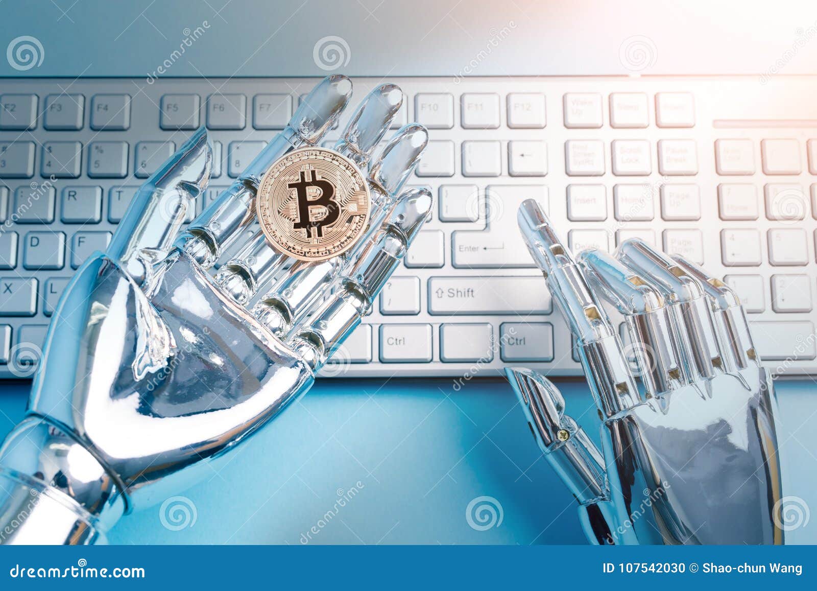 Robot hand with bitcoin stock photo. Image of cash, bank - 107542030