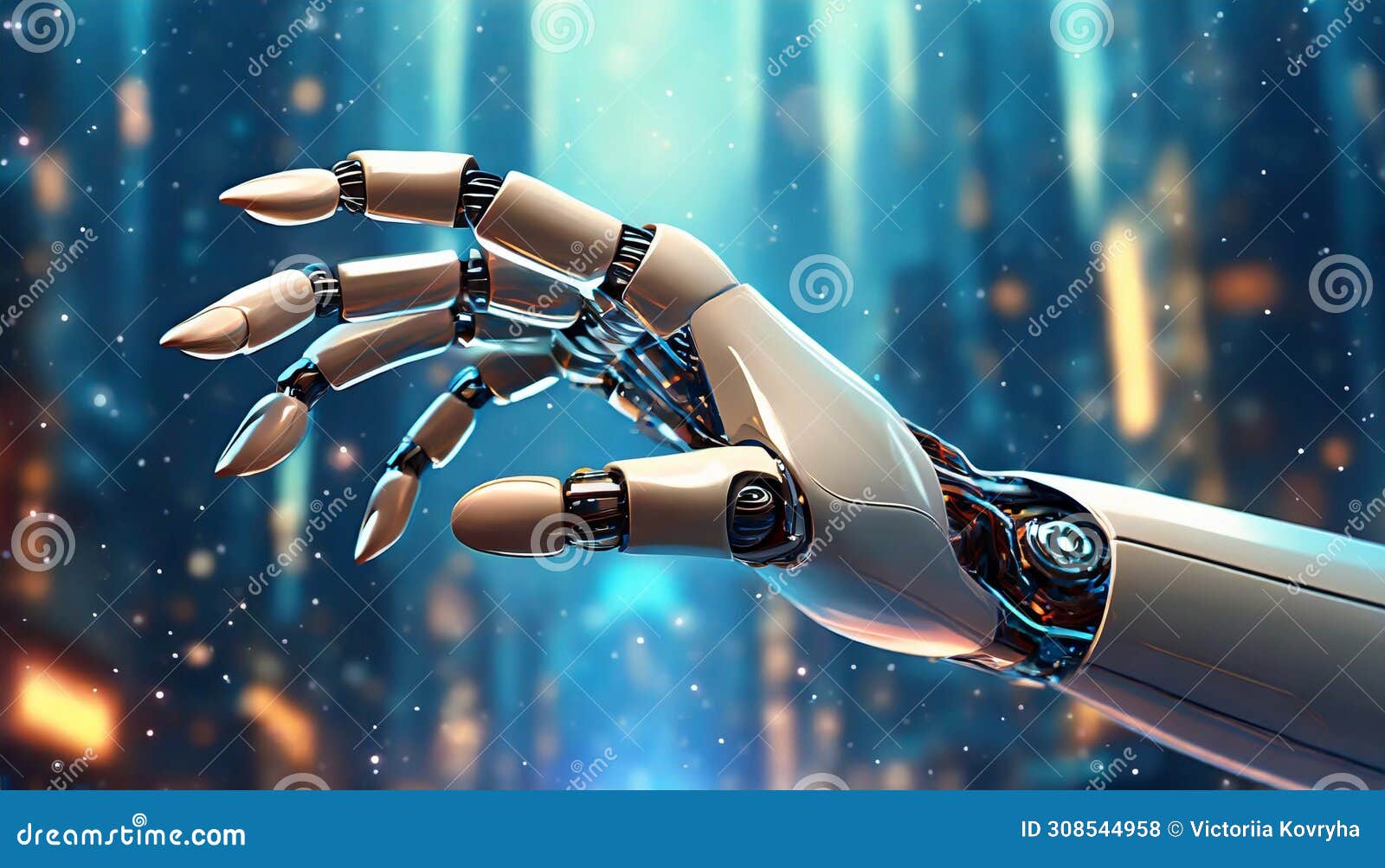 Robot Hand on Blurred Dark Blue Background. Science and Artificial ...