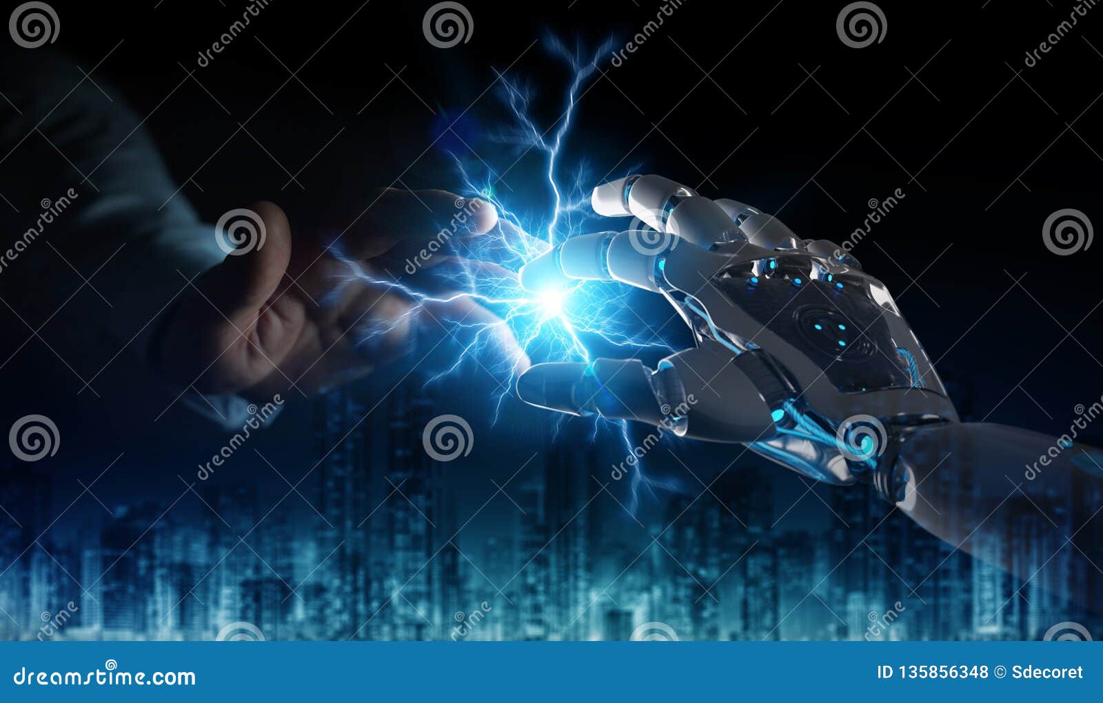 Robot Hand Creating Electricity with Human Hand 3D Rendering Stock ...