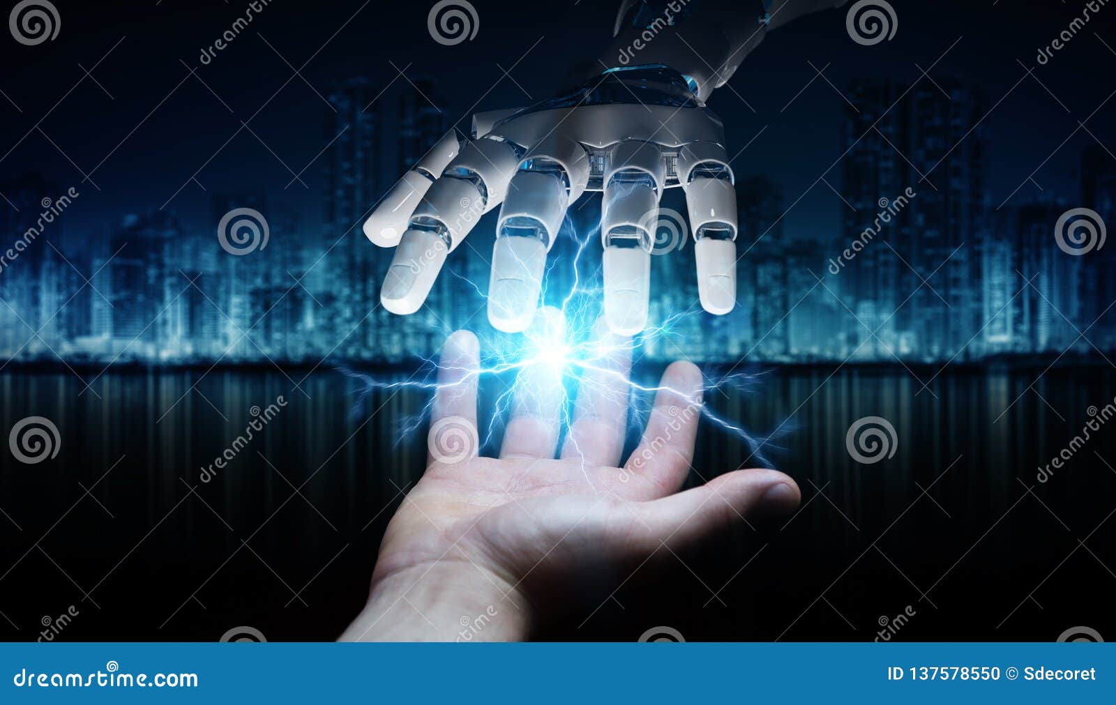 Robot Hand Creating Electricity with Human Hand 3D Rendering Stock ...