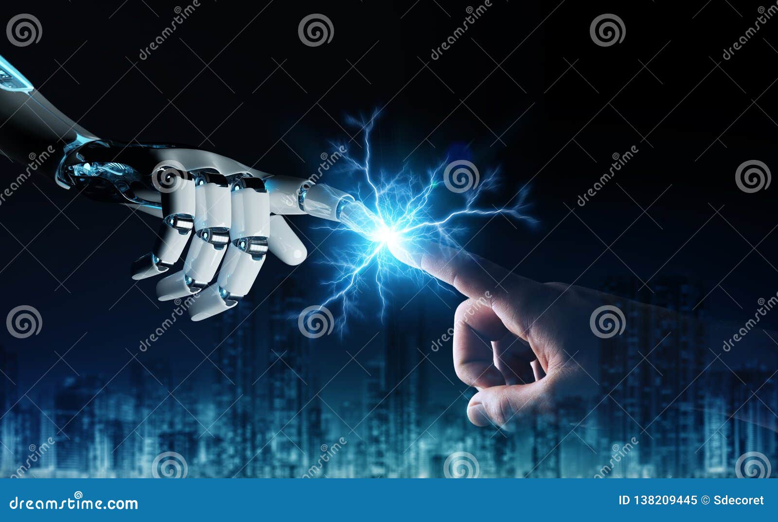 Robot Hand Creating Electricity with Human Hand 3D Rendering Stock ...