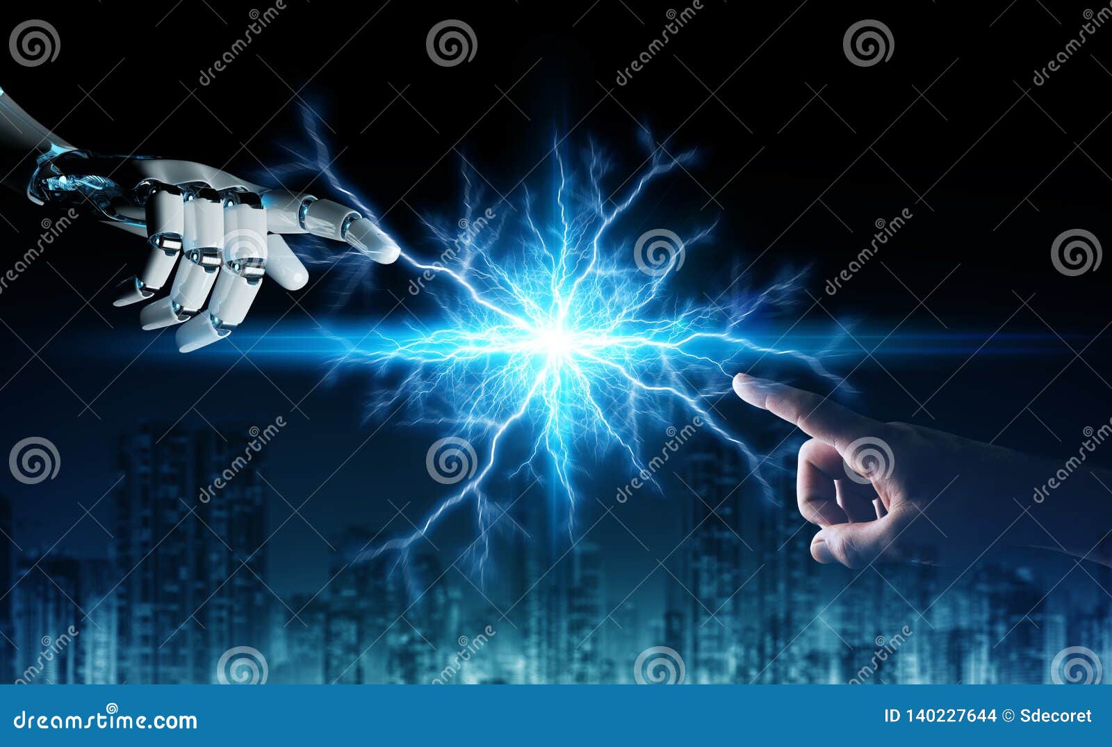 Robot Hand Creating Electricity with Human Hand 3D Rendering Stock ...