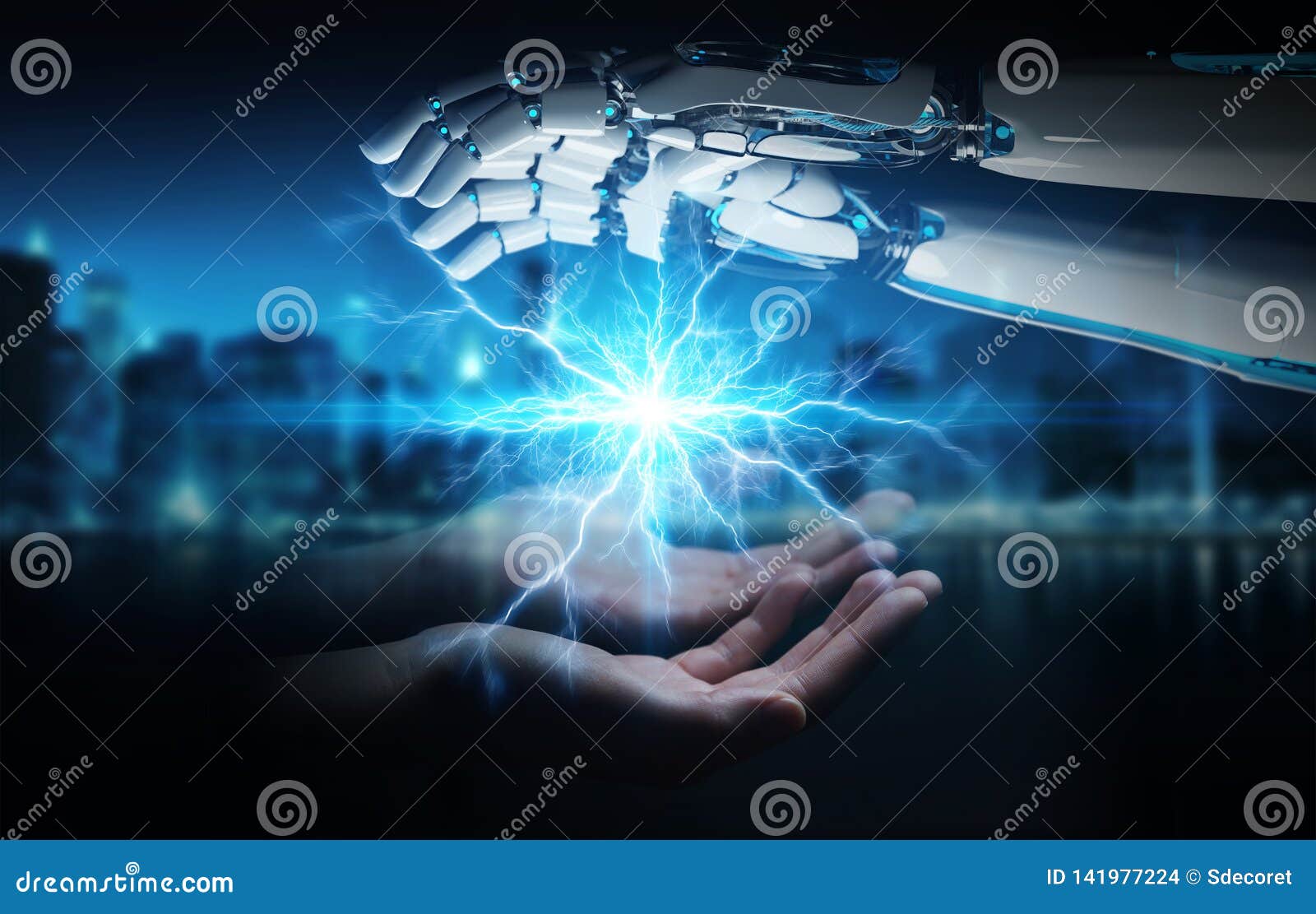 Robot Hand Creating Electricity with Human Hand 3D Rendering Stock ...