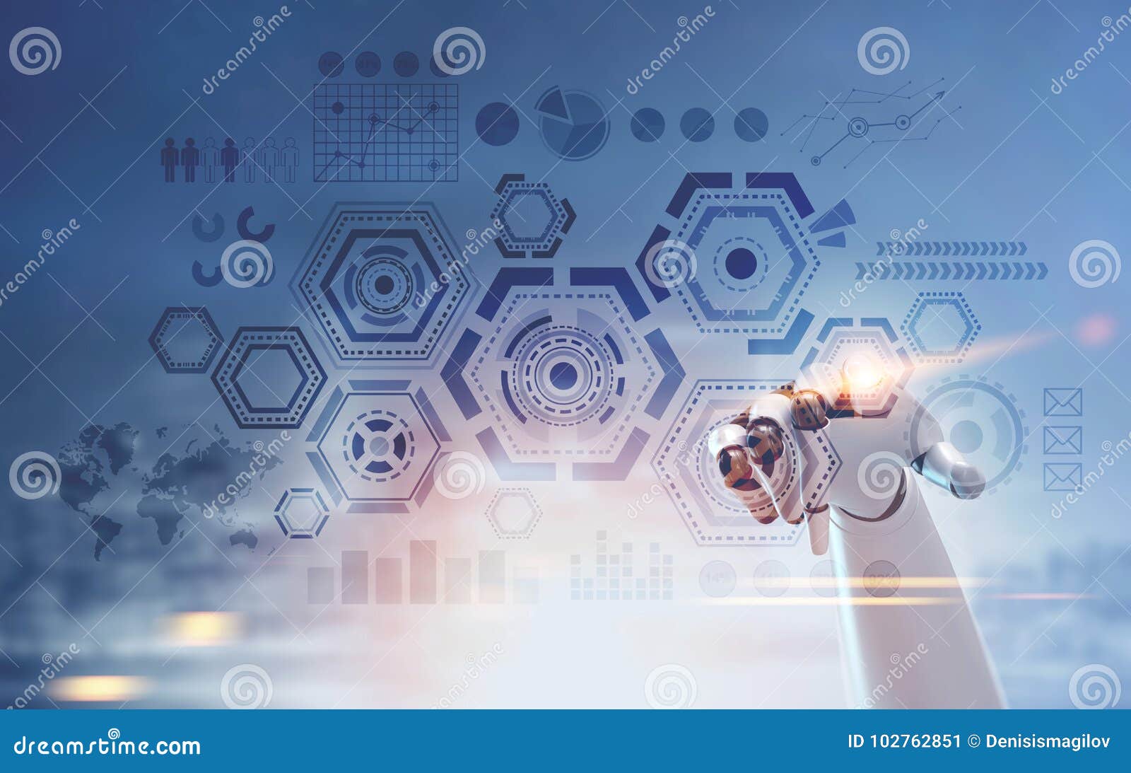 HUD and Infographics Hologram, Robot Hand Stock Illustration ...