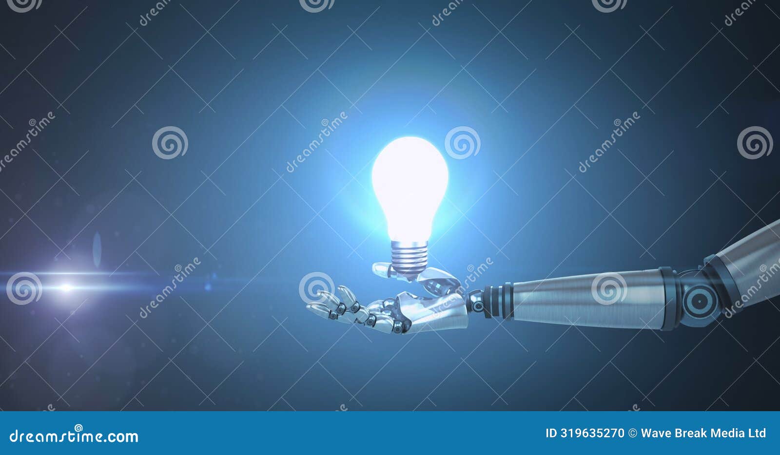 Robot Hand Holding Glowing Light Bulb Against Blue Background Stock ...