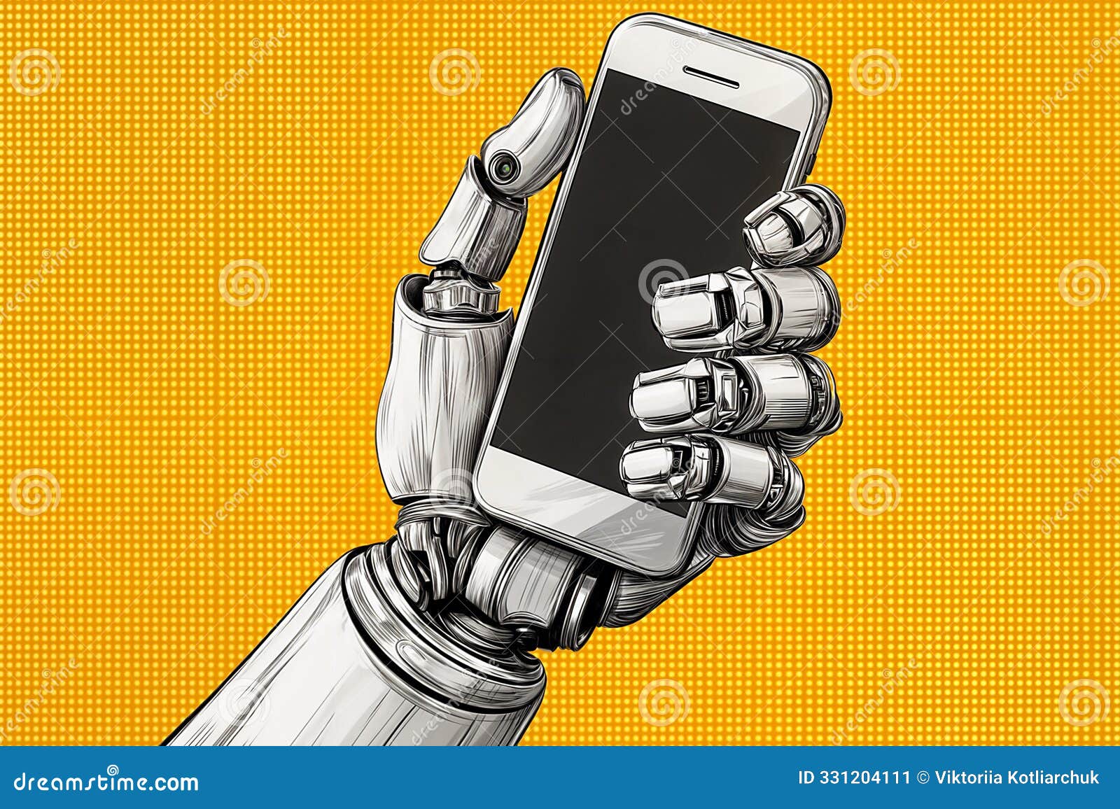 Robot Hand Holding Phone on Yellow Background Stock Image - Image of ...