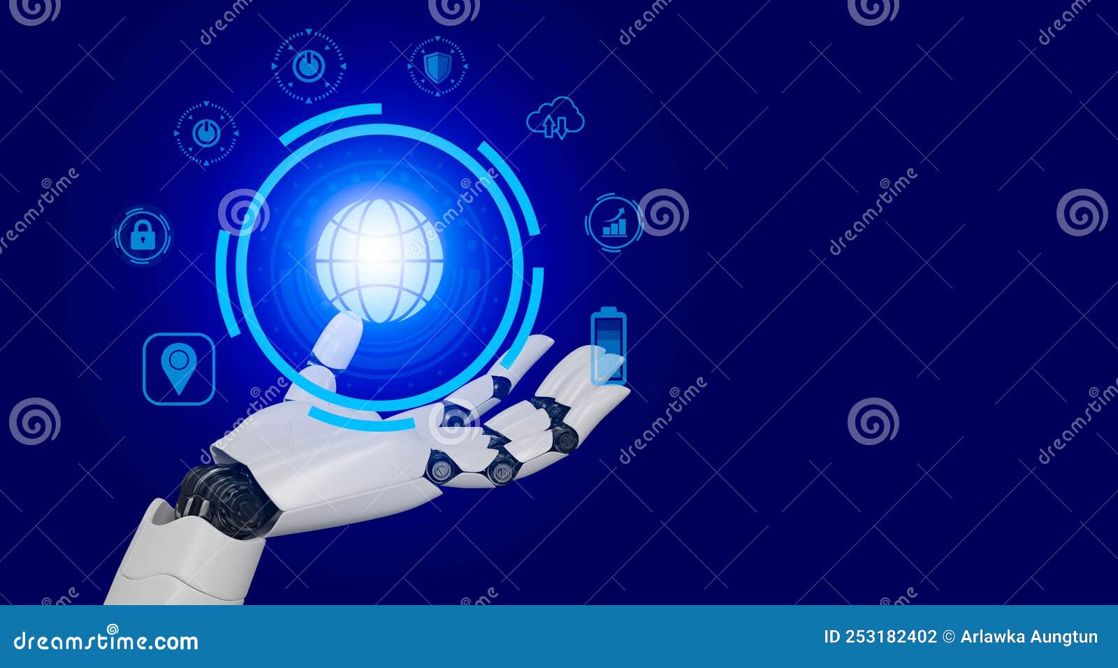 Robot Hand Holding and Touching Digital World on 3d Blue Background ...