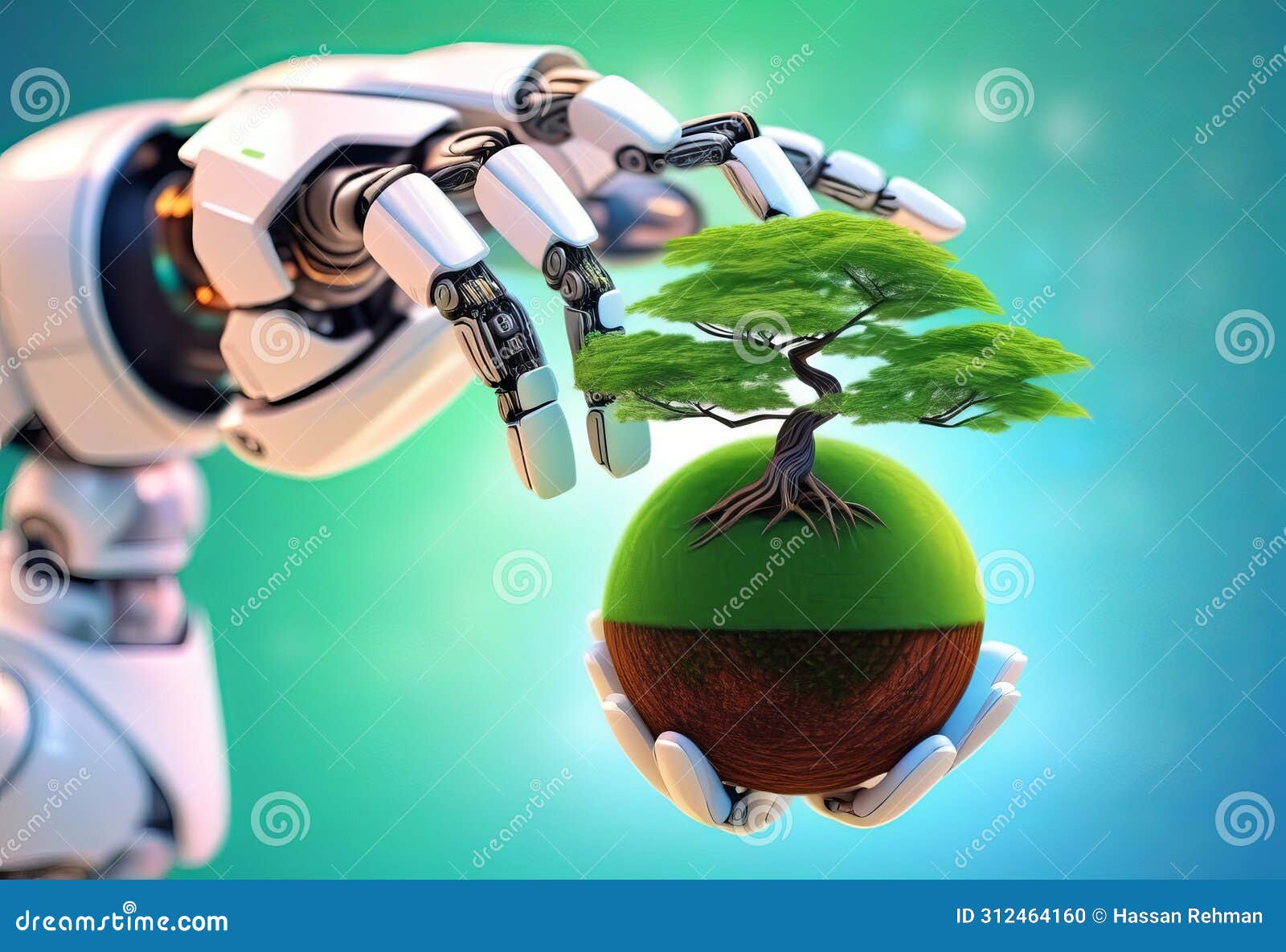 Robot Hand Holding Tree on Digital Ball with Technological Stock ...