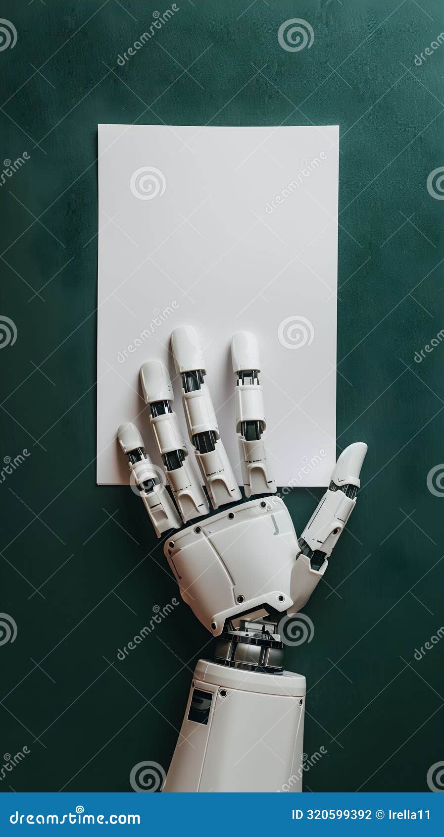 A Robot Hand Holds a White Notepad for Mockup on a Emerald Green ...