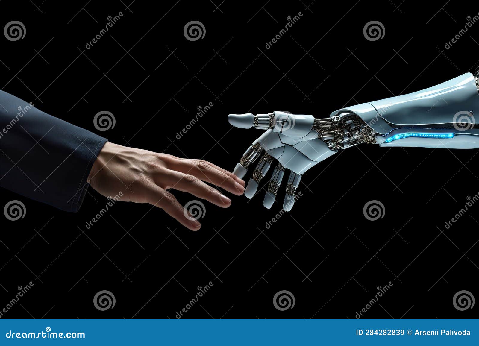 Robot Hand and a Human Hand Come Together. Generative AI Stock ...