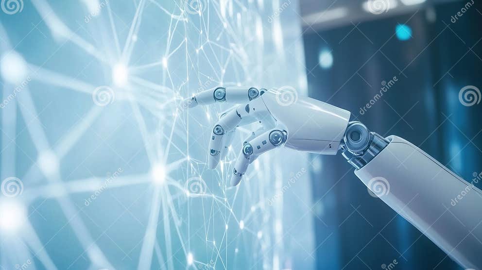 Robot Hand Interacting with Digital Network Interface, Futuristic ...