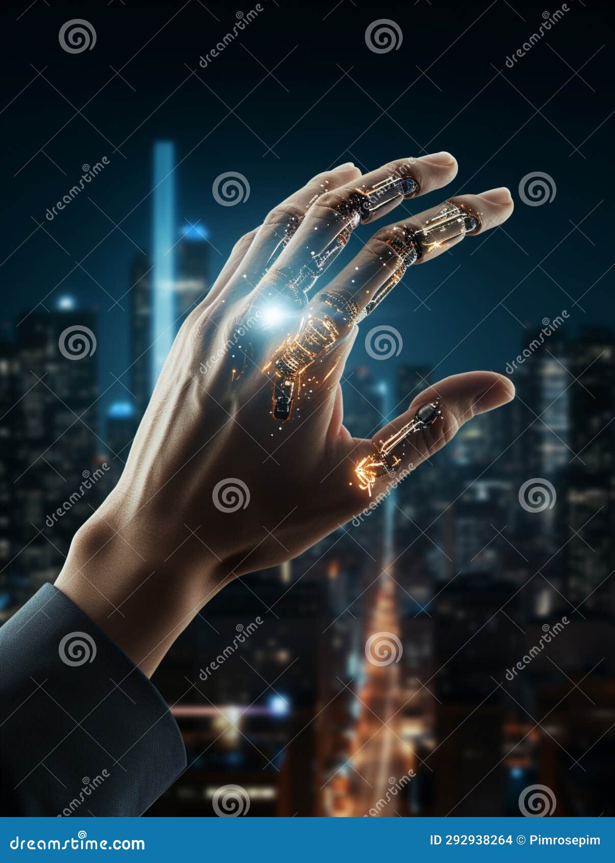 Robot Hand, Lights, City, Night, AI Generated. Stock Photo - Image of ...