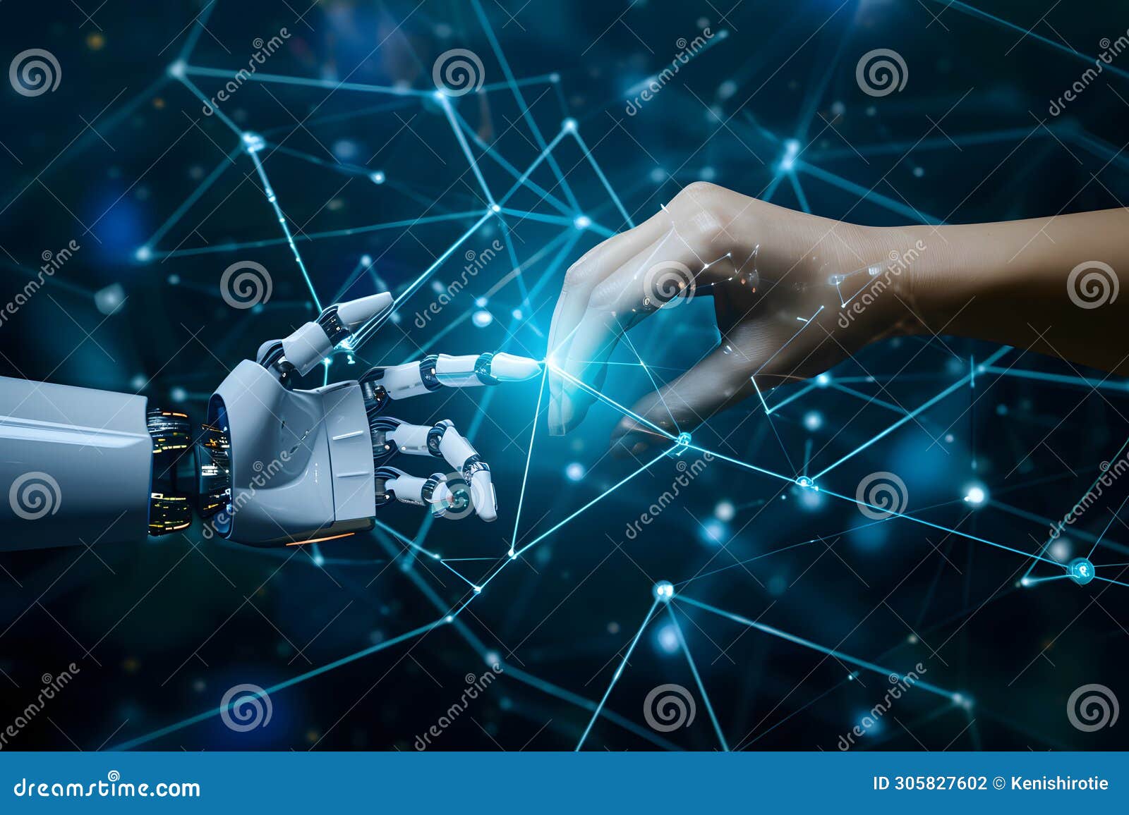 Robot Hand Making Contact with Human Hand Against Technology Background ...