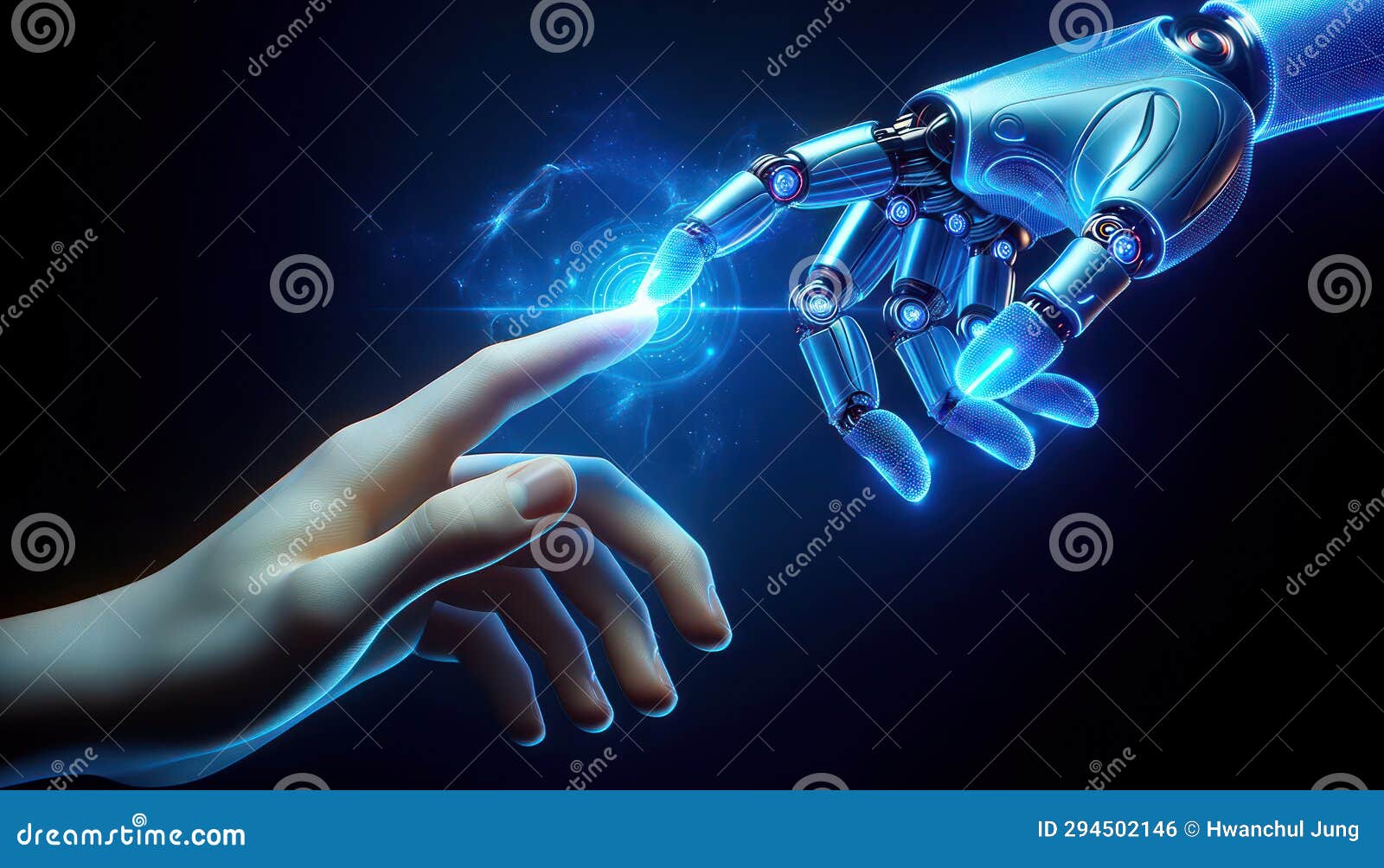Robot Hand Making Contact with Human Hand. Concept of Harmonious ...