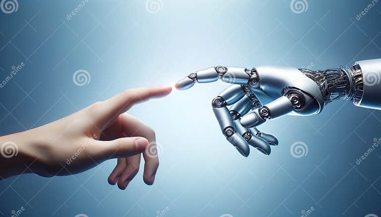 Robot Hand Making Contact with Human Hand. Concept of Harmonious ...