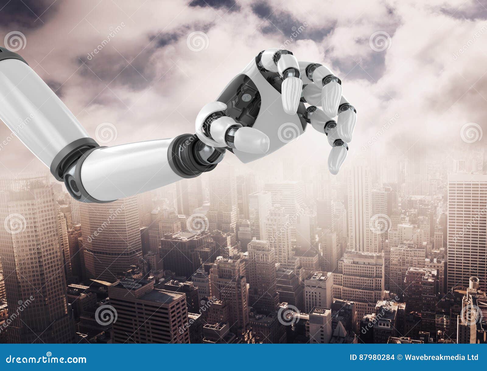 Robot Hand Over Cityscape Against Cloudy Sky Stock Illustration ...