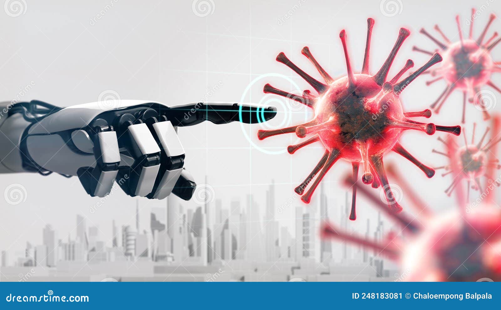 Robot Hand Pointing Finger at Button and Viruses, Technology Protect ...