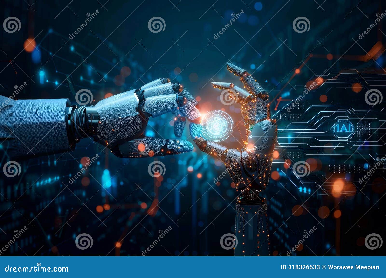 A Robot Hand is Pointing at a Screen with a Green and Blue Background ...