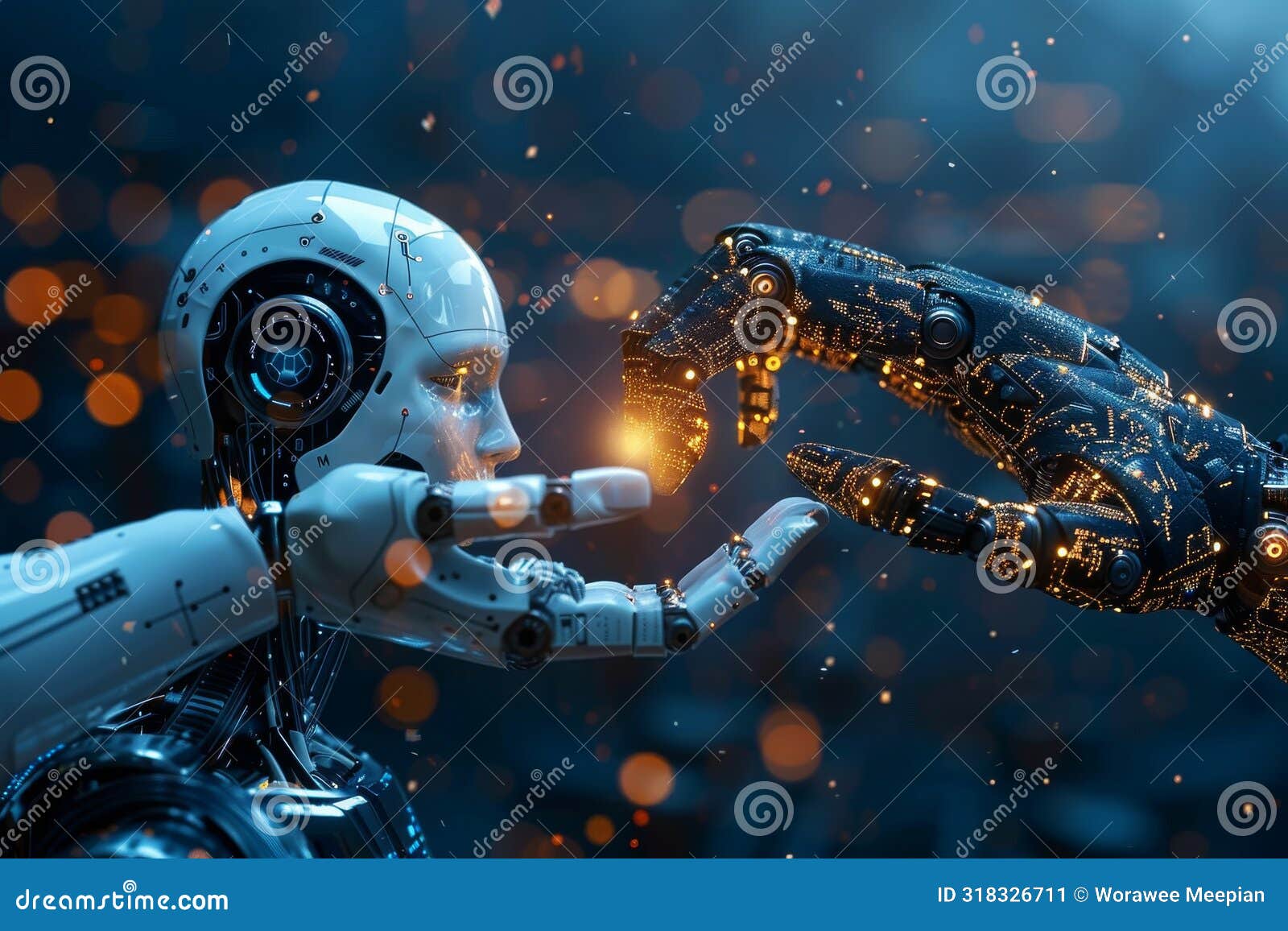A Robot Hand is Pointing at a Screen with a Green and Blue Background ...