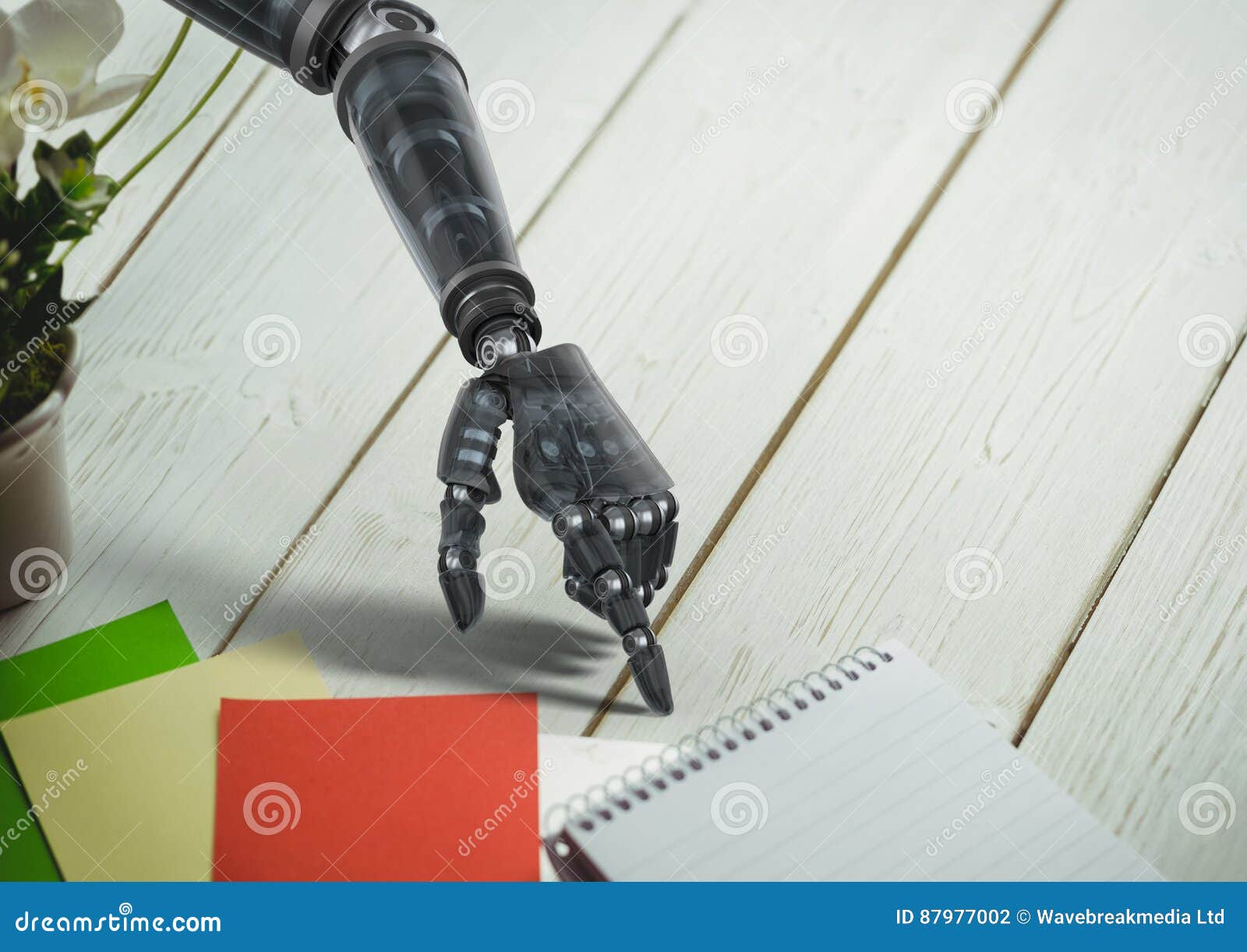 Robot Hand Pointing at Spiral Diary on Wooden Table Stock Illustration ...