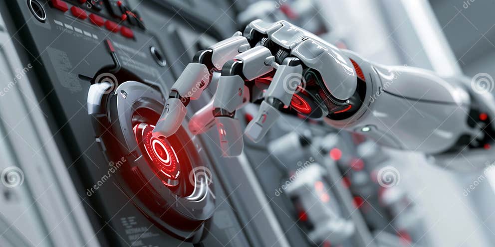 Robot Hand Pressing on Red Round Button in Grey Panel Stock ...