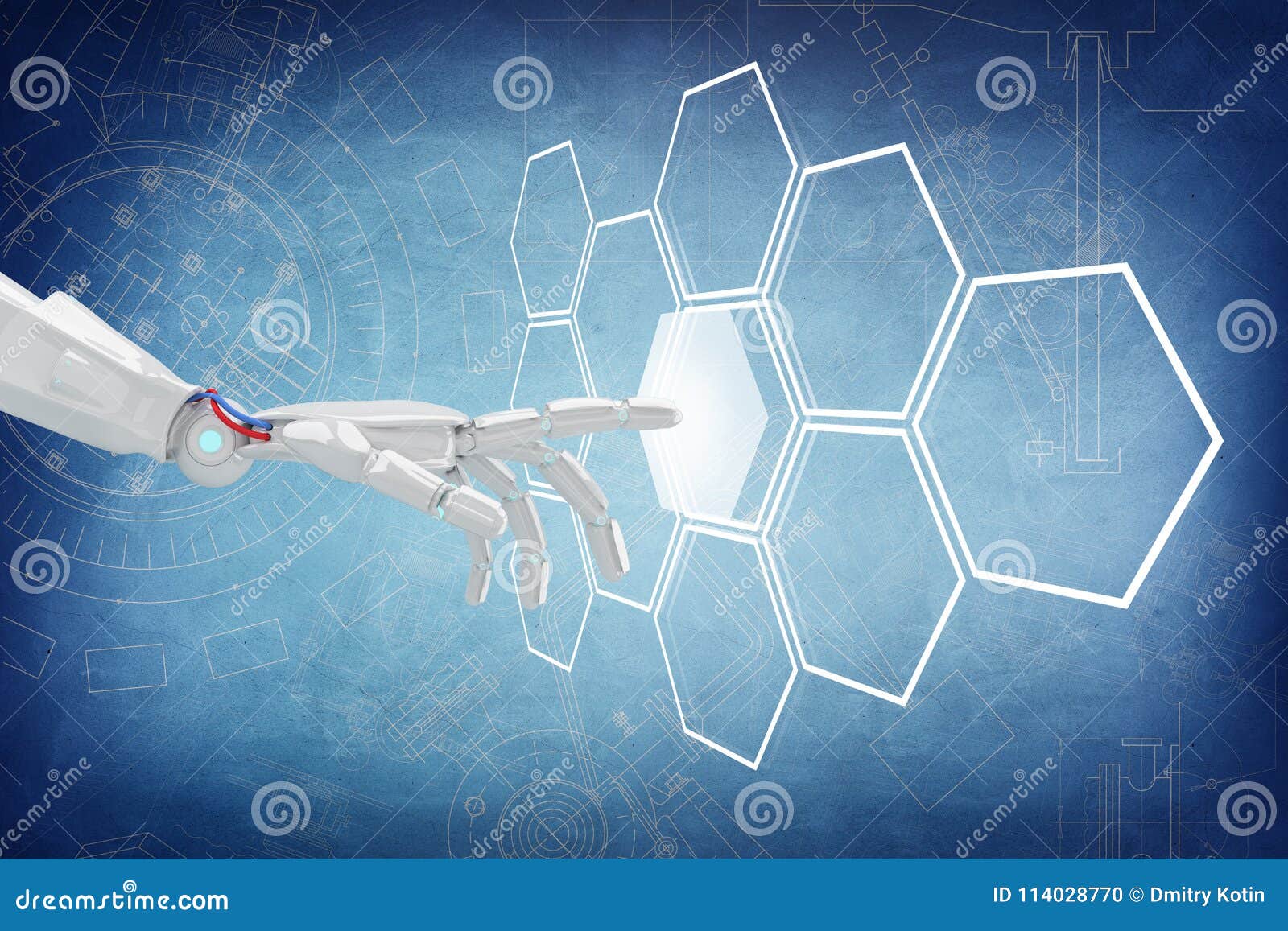 Robot Hand Push the Hexagon Button in Hexagons. 3d Rendering Stock ...
