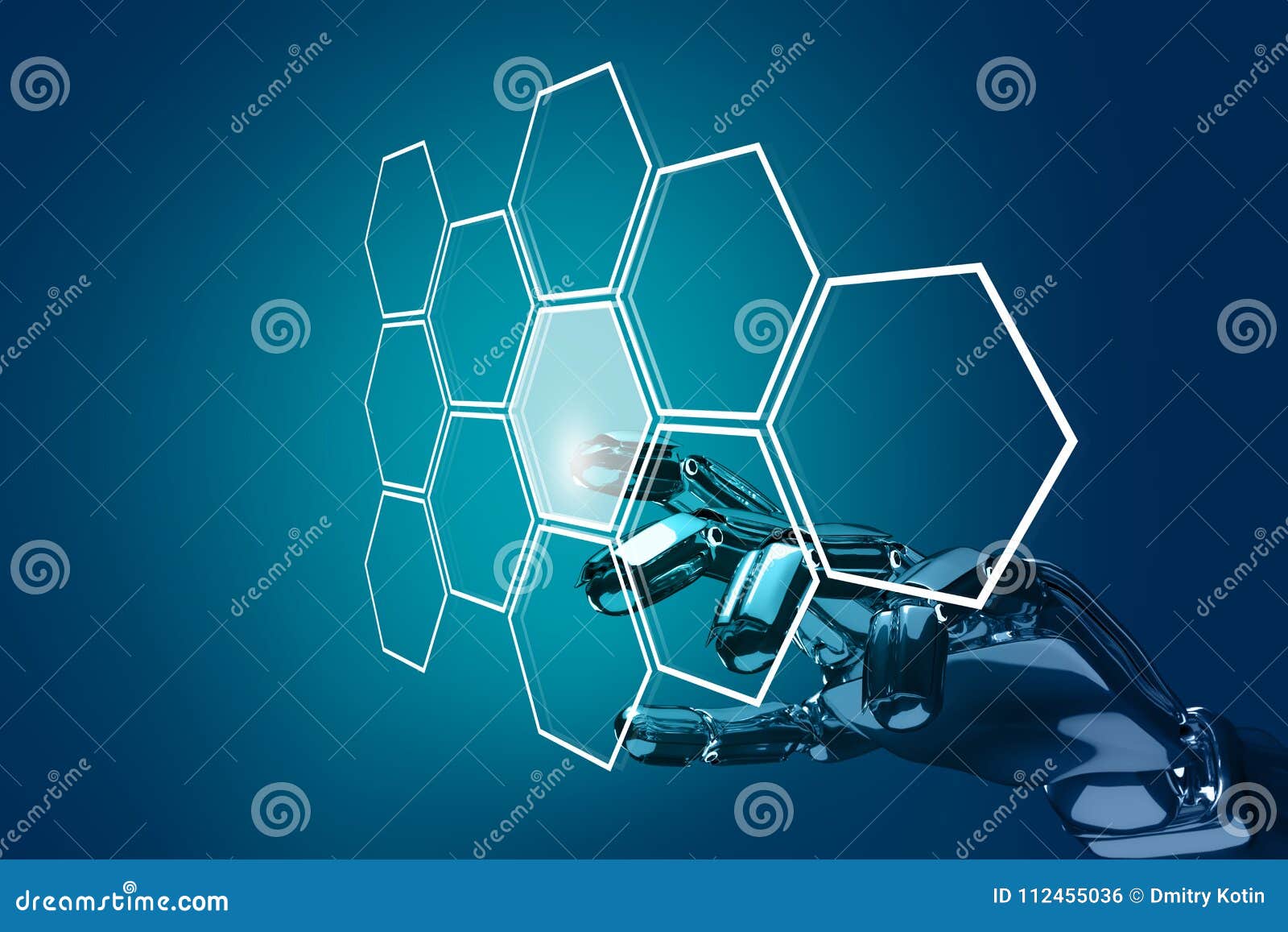 Robot Hand Push the Hexagon Button in Hexagons. 3d Rendering Stock ...