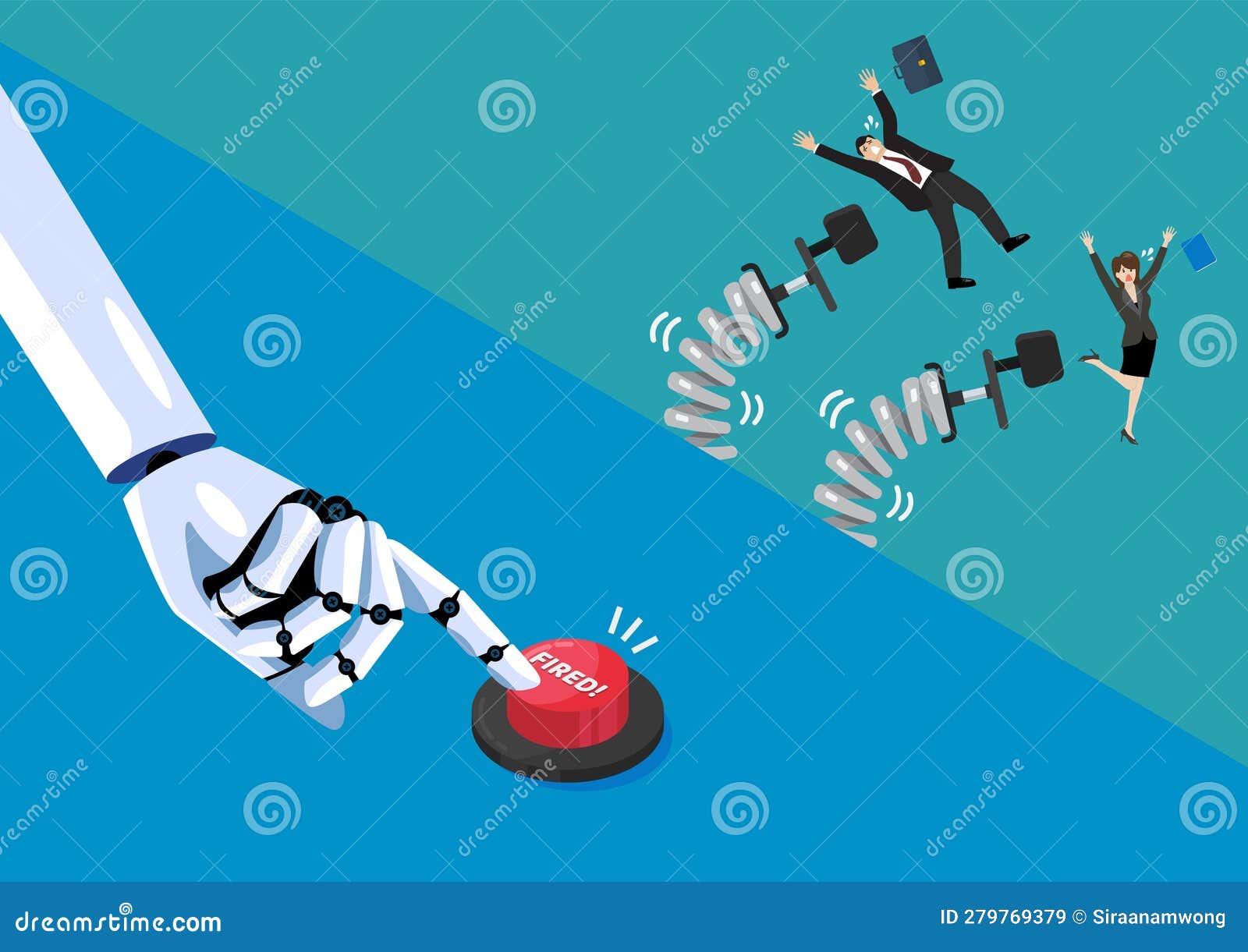 Robot Hand Pushing Fired Button To Layoff Human Employees Stock Vector ... Robot Hand Pushing Fired Button To Layoff Human Employees Stock Vector ...