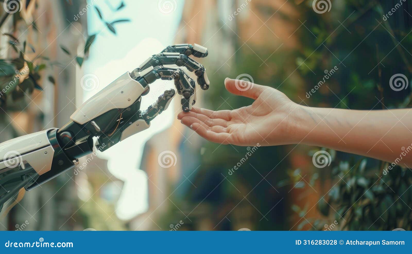 A Robot Hand Reaching Out To a Human Hand, Technology Relation with ...